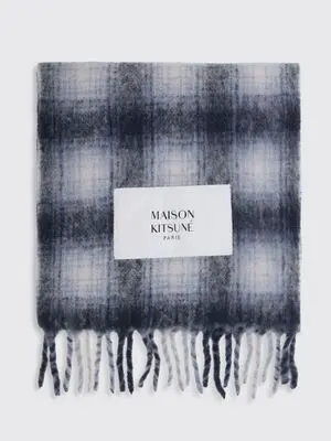 Maison Kitsuné Alpaca Wool Blend Check Scarf With Fringed Edges - Blue