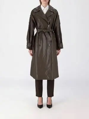 ELEH Double-breasted Faux Leather Long Trench Coat With Belt - Mud