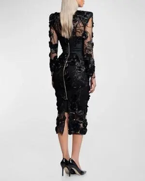 ZHIVAGO The Vendetta Floral Mesh Midi Dress - Black
