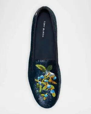 Tory Burch Floral Embellished Smoking Slippers - Medium Nav