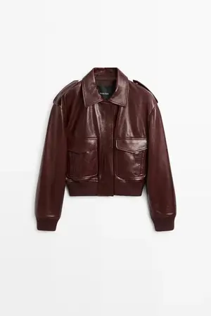 Massimo Dutti Nappa Leather Bomber Jacket With Pockets - Maroon
