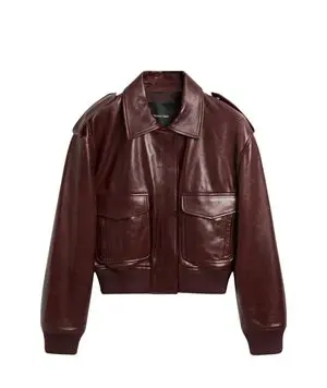 Massimo Dutti Nappa Leather Bomber Jacket With Pockets - Maroon