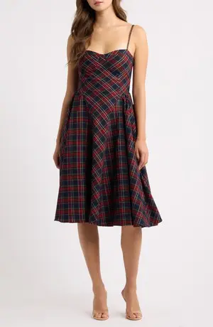 EMERALD SUNDAE Plaid Sweetheart Neck Tie Back Dress