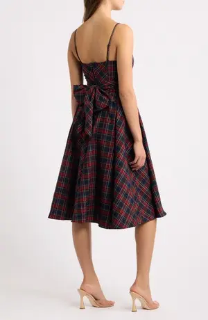 EMERALD SUNDAE Plaid Sweetheart Neck Tie Back Dress