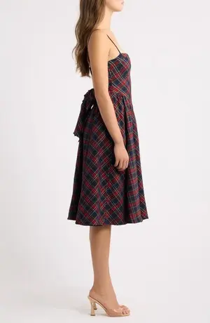 EMERALD SUNDAE Plaid Sweetheart Neck Tie Back Dress