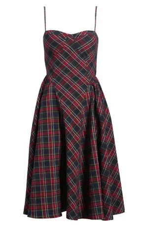EMERALD SUNDAE Plaid Sweetheart Neck Tie Back Dress