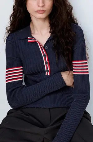 Mango Ribbed Polo Sweater - Navy