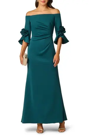 Adrianna Papell Rosette Off The Shoulder Scuba Crepe Gown - Hunter