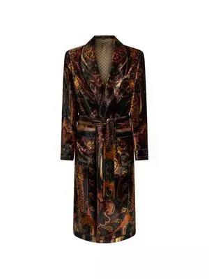 Etro Velvet Robe Coat With Placed Paisley-print - Black