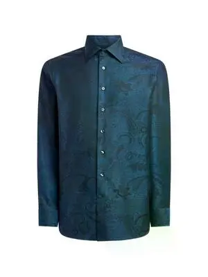 Etro Cotton Jacquard Shirt With Paisley Foliage-motif - Blue