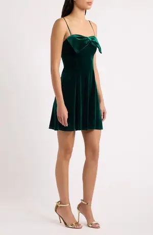 EMERALD SUNDAE Bow Front Velvet Fit & Flare Minidress