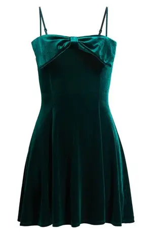 EMERALD SUNDAE Bow Front Velvet Fit & Flare Minidress