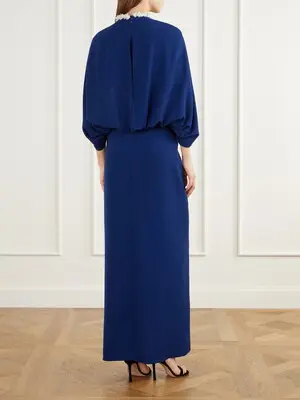 Simkhai Cape-effect Bead-embellished Gathered Velvet-trimmed Crepe Gown