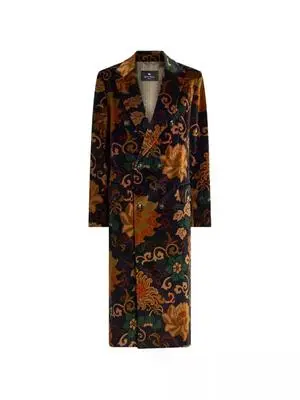 Etro Double-breasted Velvet Coat With Placed Floral-print - Black