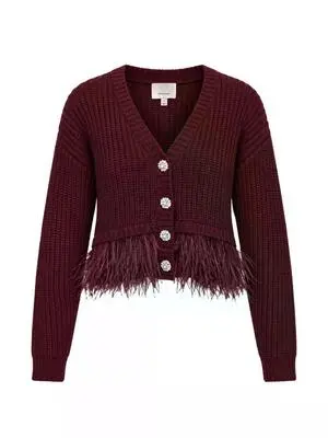 Cinq À Sept Krissi Feather-trim Crystal-button Cardigan - Red