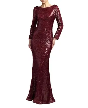 Mac Duggal Petite Long Sleeve Cowl Back Sequin Gown