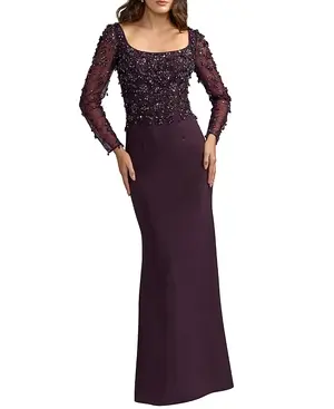 Mac Duggal Embellished Mesh Long Sleeve Column Gown