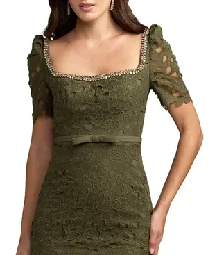 Mac Duggal Embellished Square Neck Lace Midi Dress