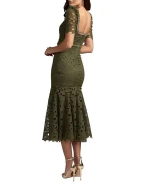 Mac Duggal Embellished Square Neck Lace Midi Dress