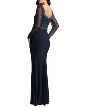 Mac Duggal Beaded Jersey Square Neck Long Sleeve Gown