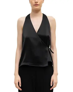 LESET Barb Sleeveless Satin Wrap Top - Black