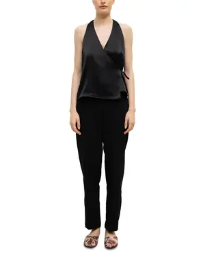 LESET Barb Sleeveless Satin Wrap Top - Black