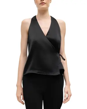 LESET Barb Sleeveless Satin Wrap Top - Black