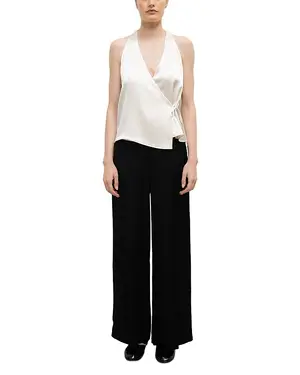 LESET Barb Sleeveless Satin Wrap Top - Creme