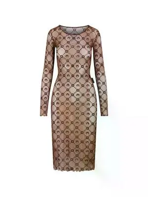 MARINE SERRE Moonogram Mesh Flock Long-sleeves Midi Crewneck Dress - Brown