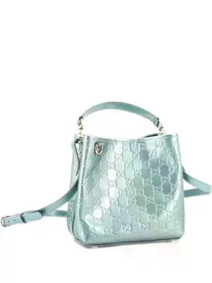 Gucci Emblem Gg Embossed Patent Small Bucket Bag - Blue