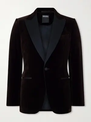 Zegna Satin-trimmed Cotton-velvet Tuxedo Jacket - Brown
