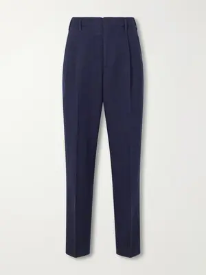 Brunello Cucinelli Tapered Pleated Wool And Cotton-blend Herringbone Suit Trousers - Blue