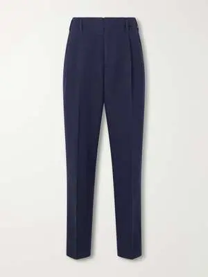 Brunello Cucinelli Tapered Pleated Wool And Cotton-blend Herringbone Suit Trousers - Navy