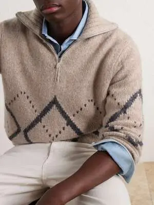 Brunello Cucinelli Fair Isle Cashmere And Silk-blend Half-zip Sweater