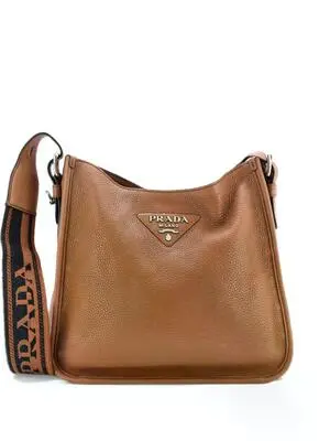 Prada Logo Strap Vitello Daino Medium Crossbody Bag - Brown