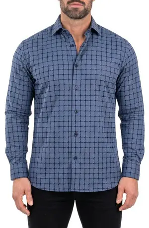 MACEOO Fibonacci Performance Grid Dress Shirt - Blue