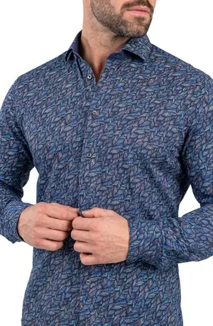 MACEOO Einstein Herringbone Print Performance Dress Shirt - Blue