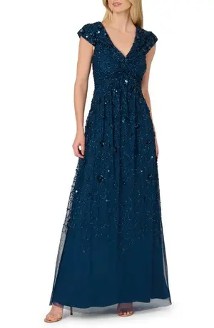 Adrianna Papell Beaded Empire Waist Ball Gown Deep Blue