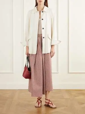 Brunello Cucinelli Asymmetric Pleated Striped Cotton-blend Seersucker Midi Skirt