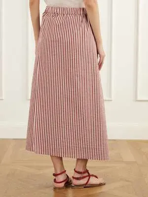 Brunello Cucinelli Asymmetric Pleated Striped Cotton-blend Seersucker Midi Skirt