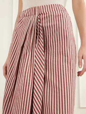 Brunello Cucinelli Asymmetric Pleated Striped Cotton-blend Seersucker Midi Skirt