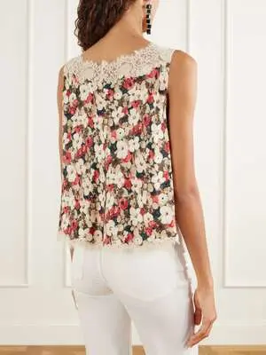 DÔEN Valerina Floral-print Lace-trimmed Silk-satin Cami