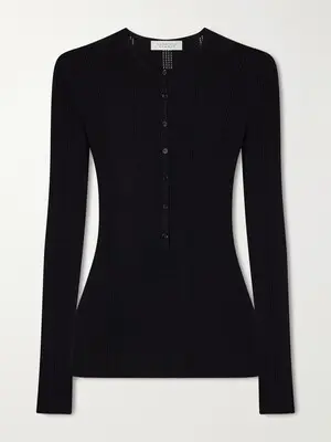 Gabriela Hearst Olea Ribbed Pointelle-knit Wool Henley Top - Black