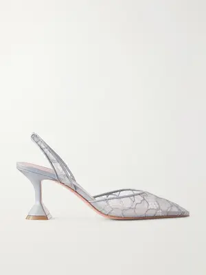 Amina Muaddi Holli 70 Leather-trimmed Lace Slingback Pumps - Gray
