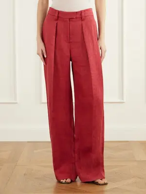 Brunello Cucinelli Pleated Linen-canvas Straight-leg Pants - Red