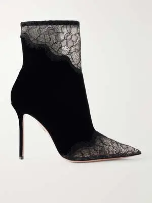 AQUAZZURA Velvet Meadow Bootie 105 Lace-trimmed Velvet Ankle Boots - Black