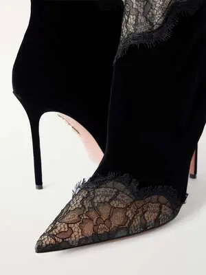 AQUAZZURA Velvet Meadow Bootie 105 Lace-trimmed Velvet Ankle Boots