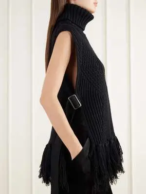 Junya Watanabe Belted Fringe-trimmed Ribbed Wool Turtleneck Vest