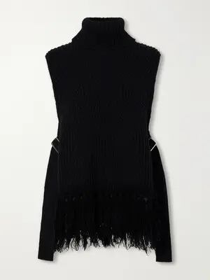 Junya Watanabe Belted Fringe-trimmed Ribbed Wool Turtleneck Vest - Black