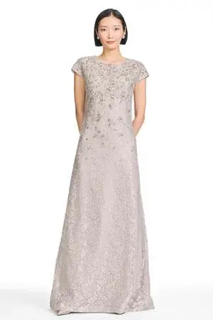 Sachin & Babi Madrid Silver Metallic Lace Cap Sleeve A-line Gown